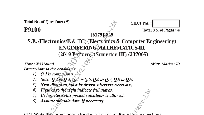 Engineering Mathematics 3 (P9100) - Dec 2023 Exam Paper - Studocu