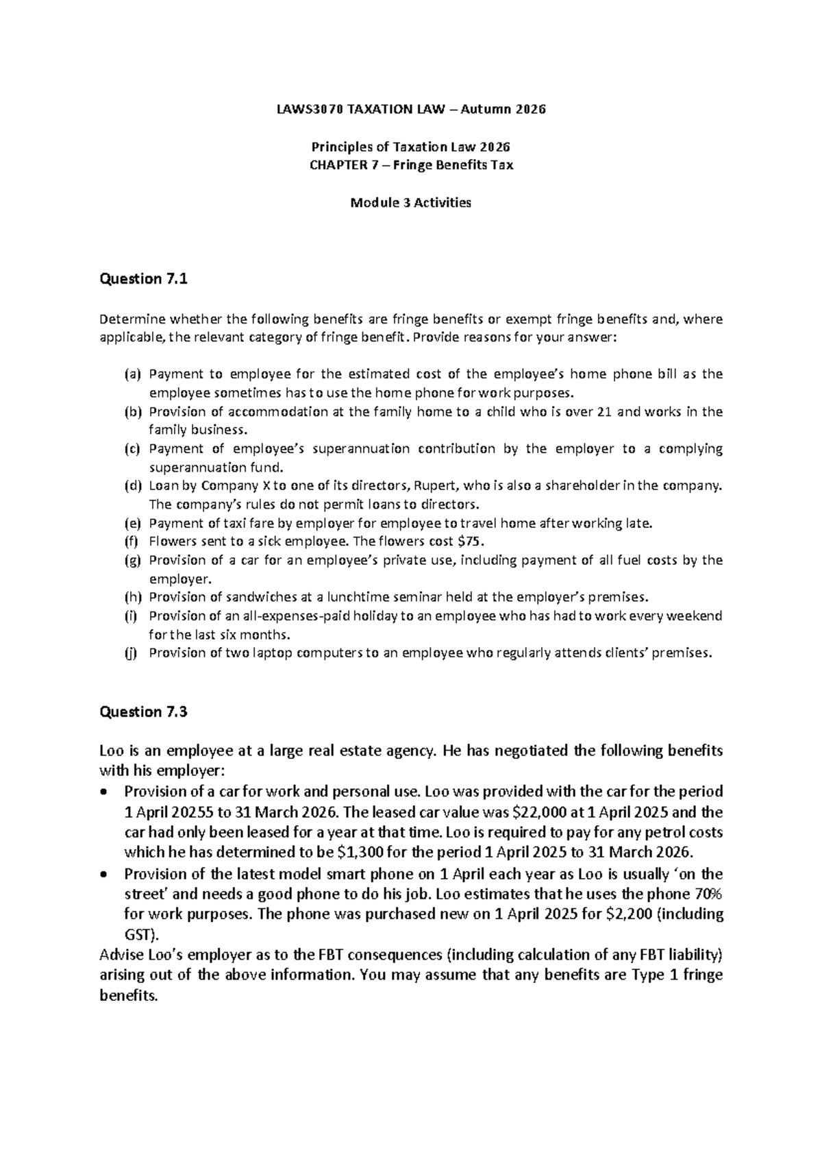 LAWS3070 TAXATION LAW Autumn 2026 Tutorial Week 3 FBT Questions - Studocu