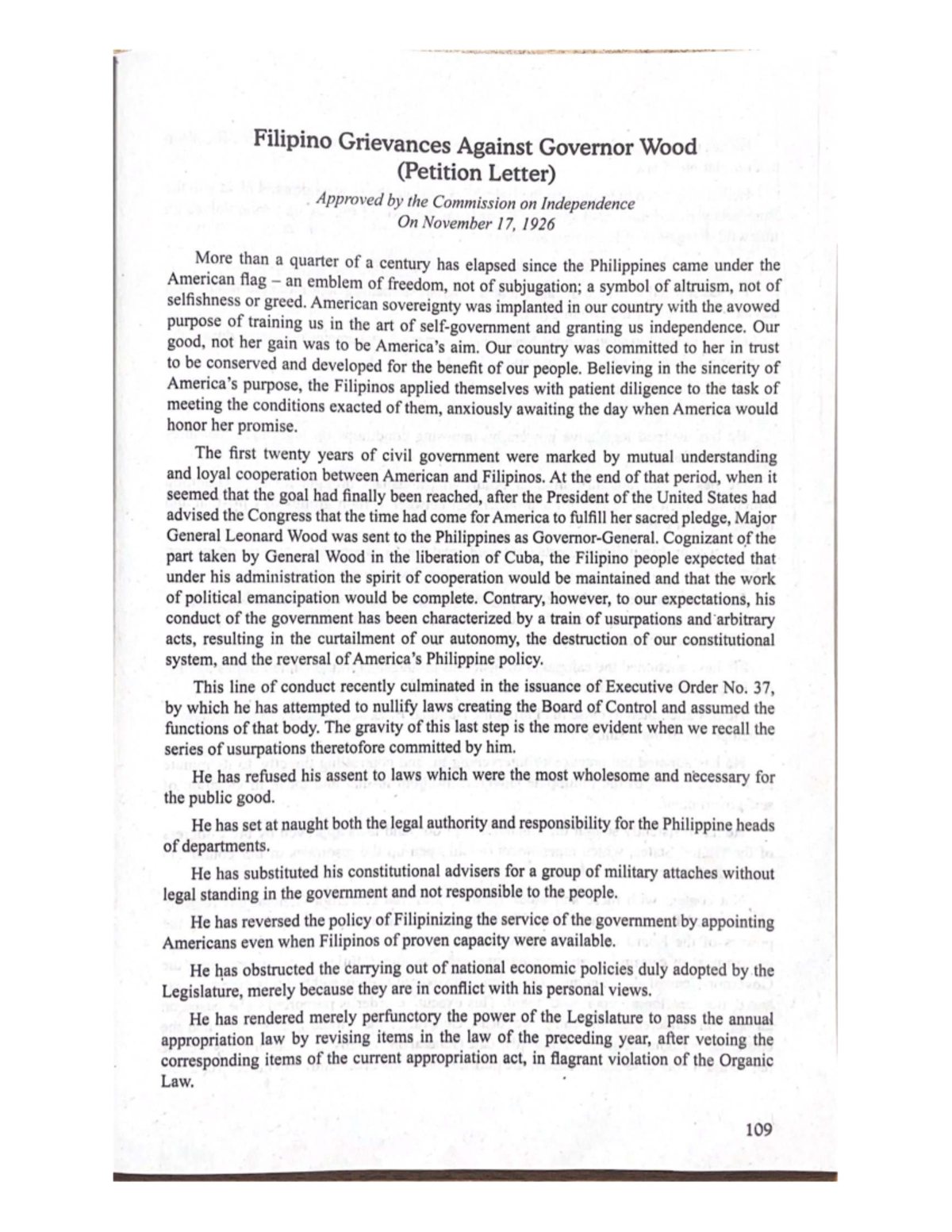 Filipino Grievances Against Governor Wood: Petition Letter (1926) - Studocu
