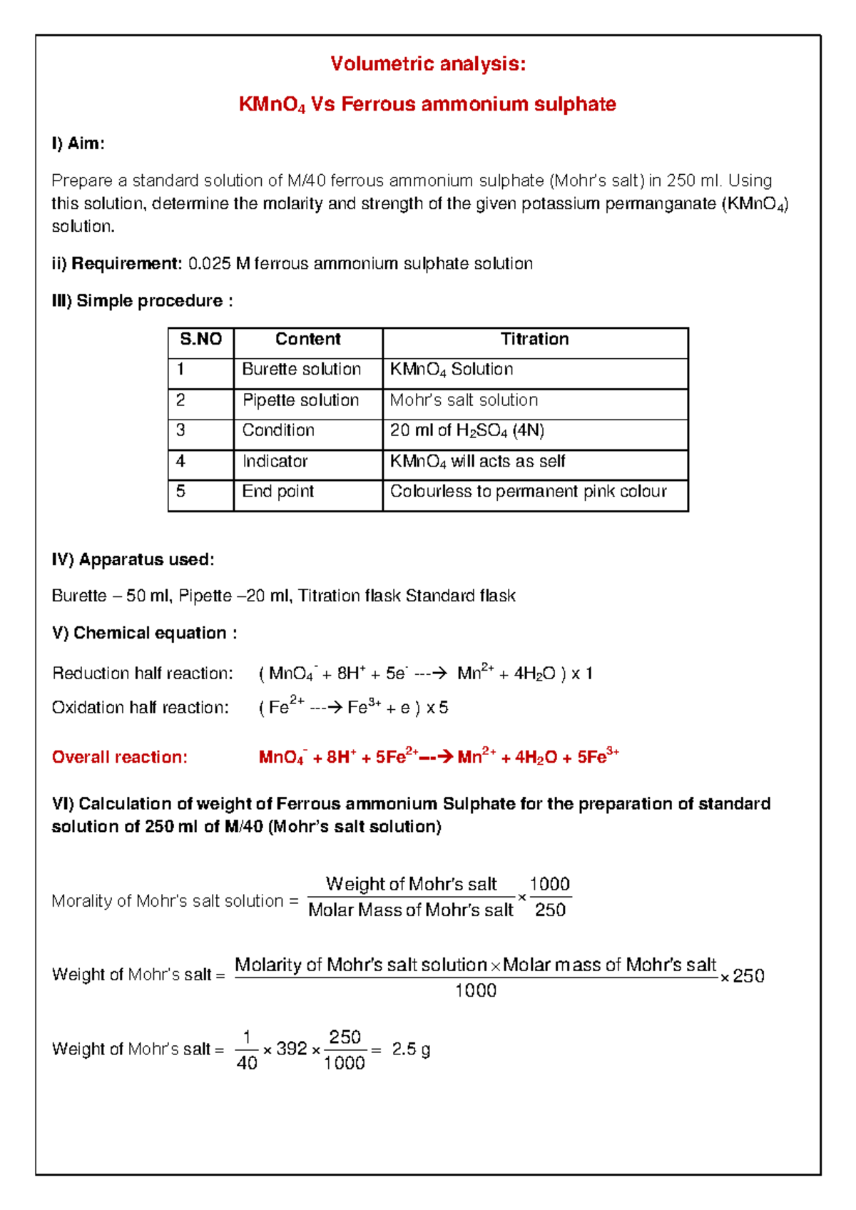 Exp. No. 1 - Volumetric Analysis of KMnO4 & Ferrous Ammonium Sulphate - Studocu