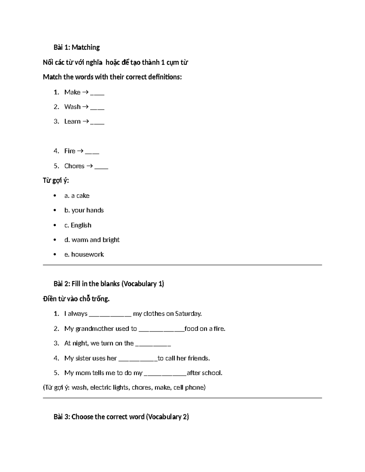 Bài 1: Vocabulary & Grammar Exercises for English Learning - Studocu