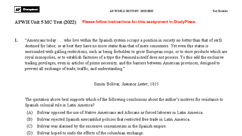 APWH Unit 5 MC Test Answers (2022) - Study Guide - Studocu