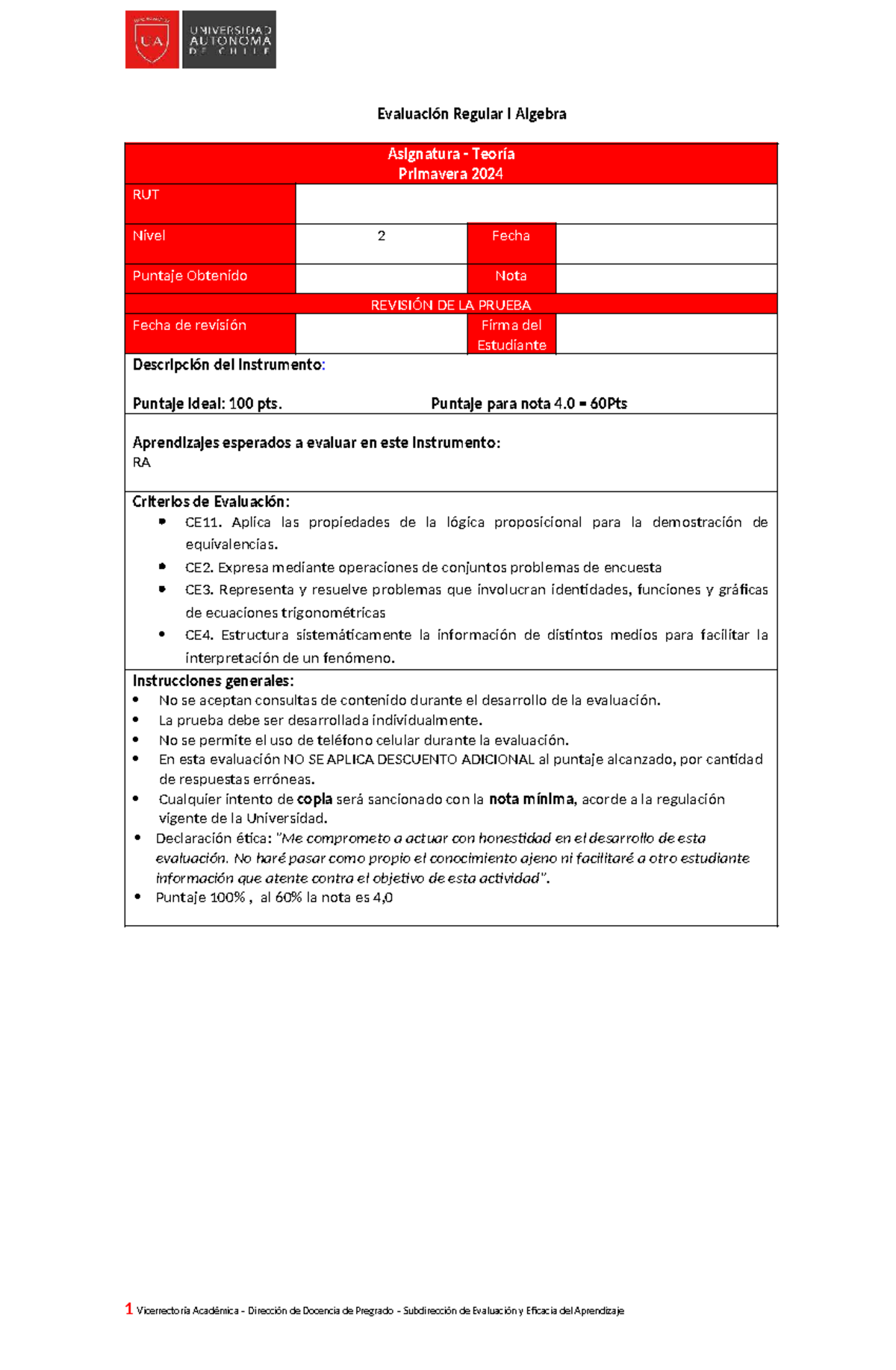 Prueba 1 de Álgebra Regular I (Nivel 2) - Primavera 2024 - Studocu