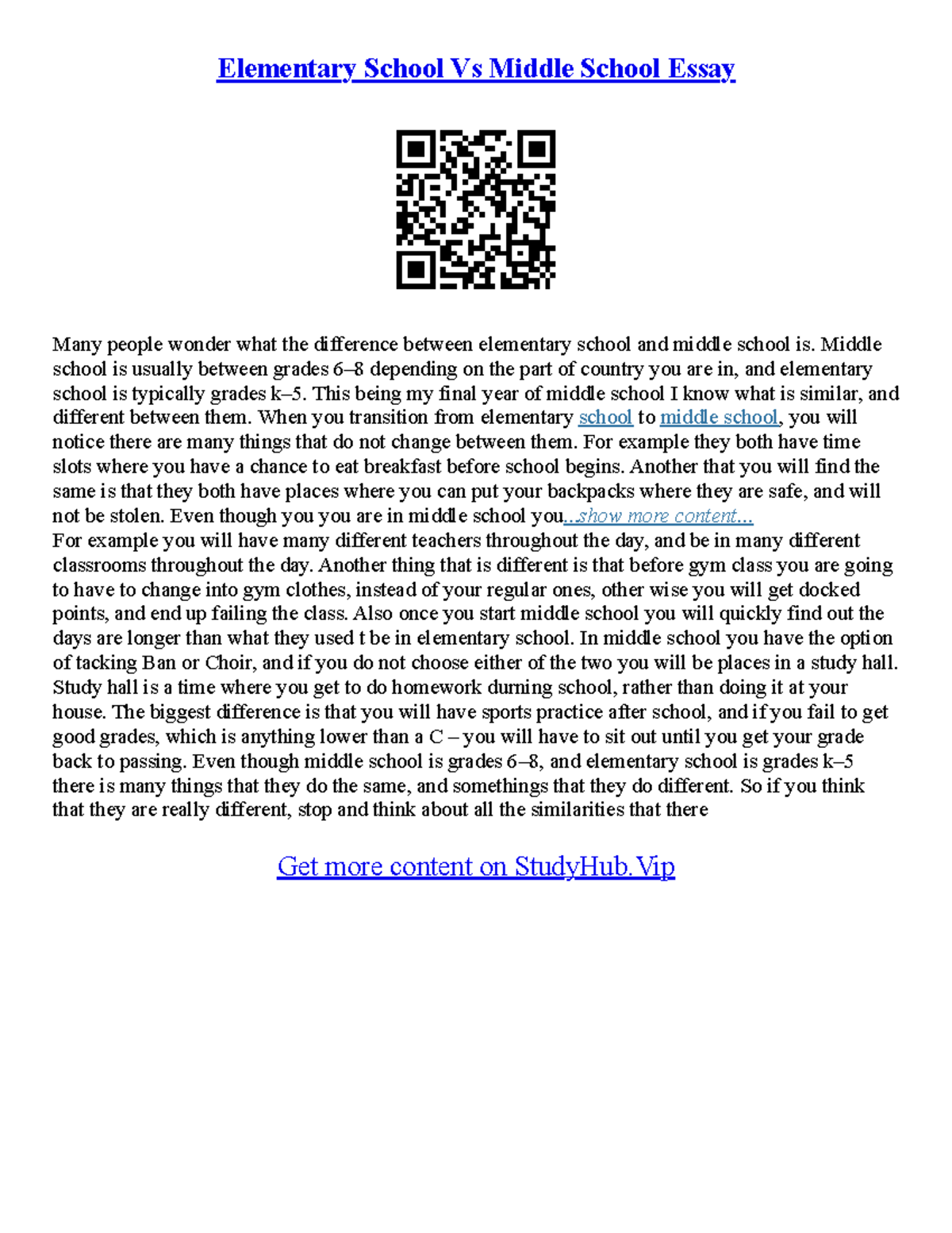 Compare And Contrast Essay Examples Middle School - Elementary School ...