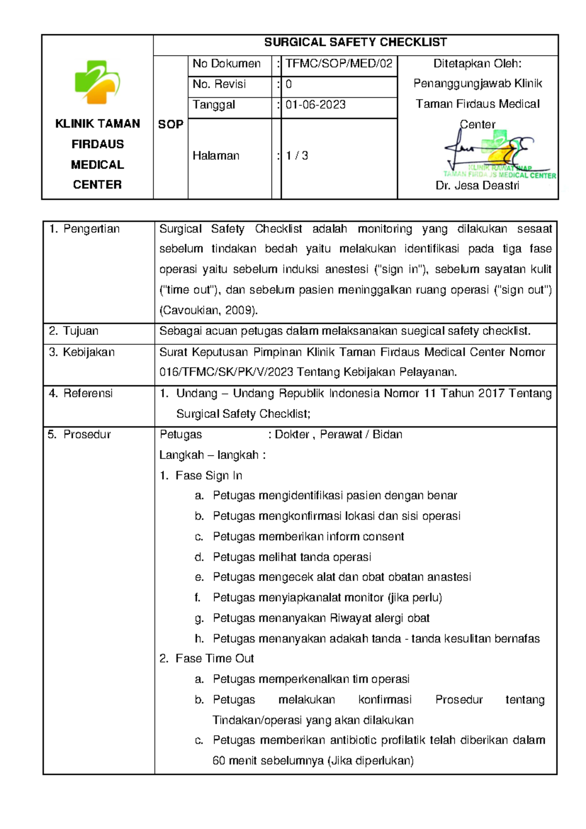 SOP KLINIK TAMAN: Surgical Safety Checklist & Procedures - Studocu