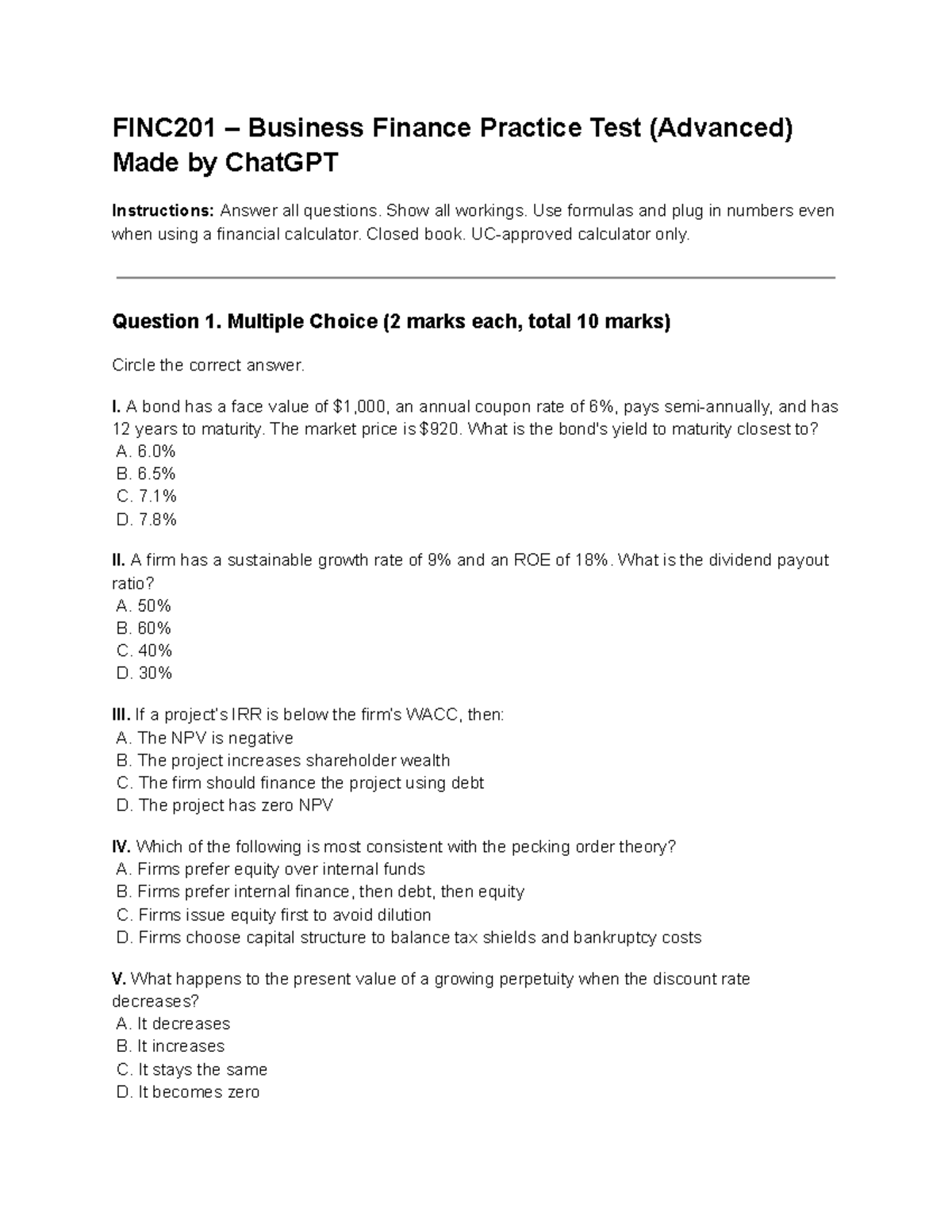 FINC201 Business Finance Practice Test (Advanced) - Extra Exam Prep ...
