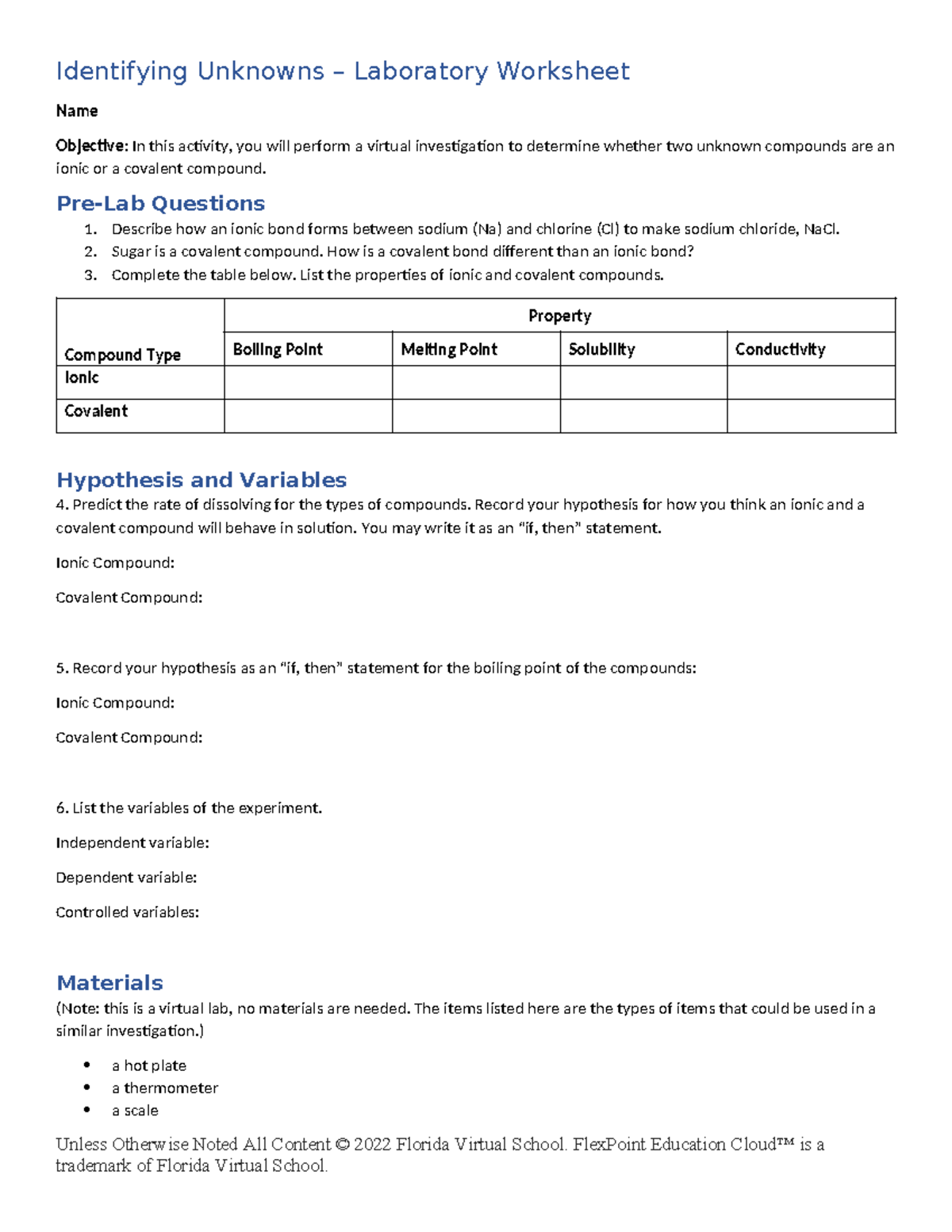 Identifying unknowns lab worksheet for chemistry 101 - Studocu
