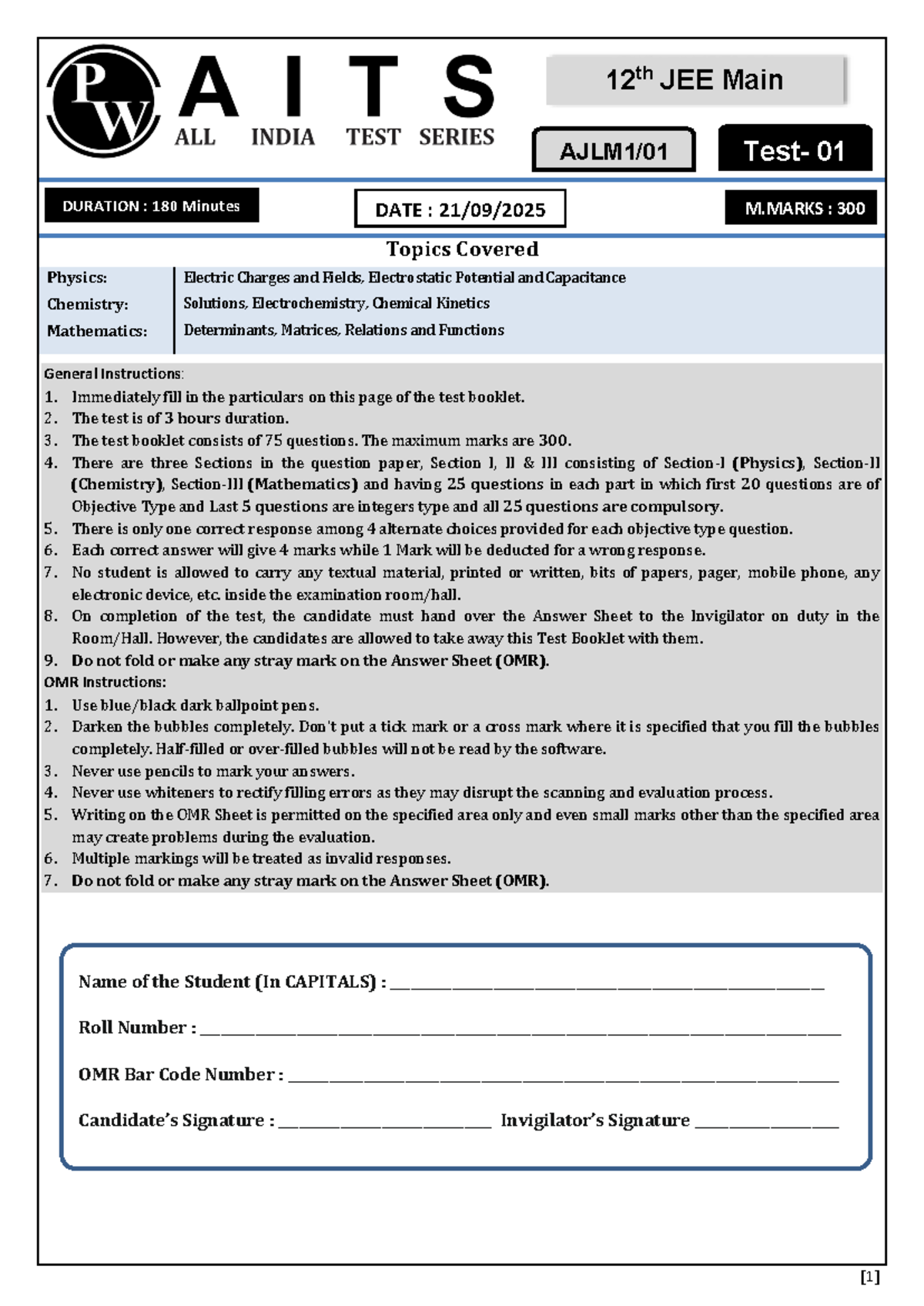 AITS-01 Test Paper: JEE Main Preparation Guide - Studocu