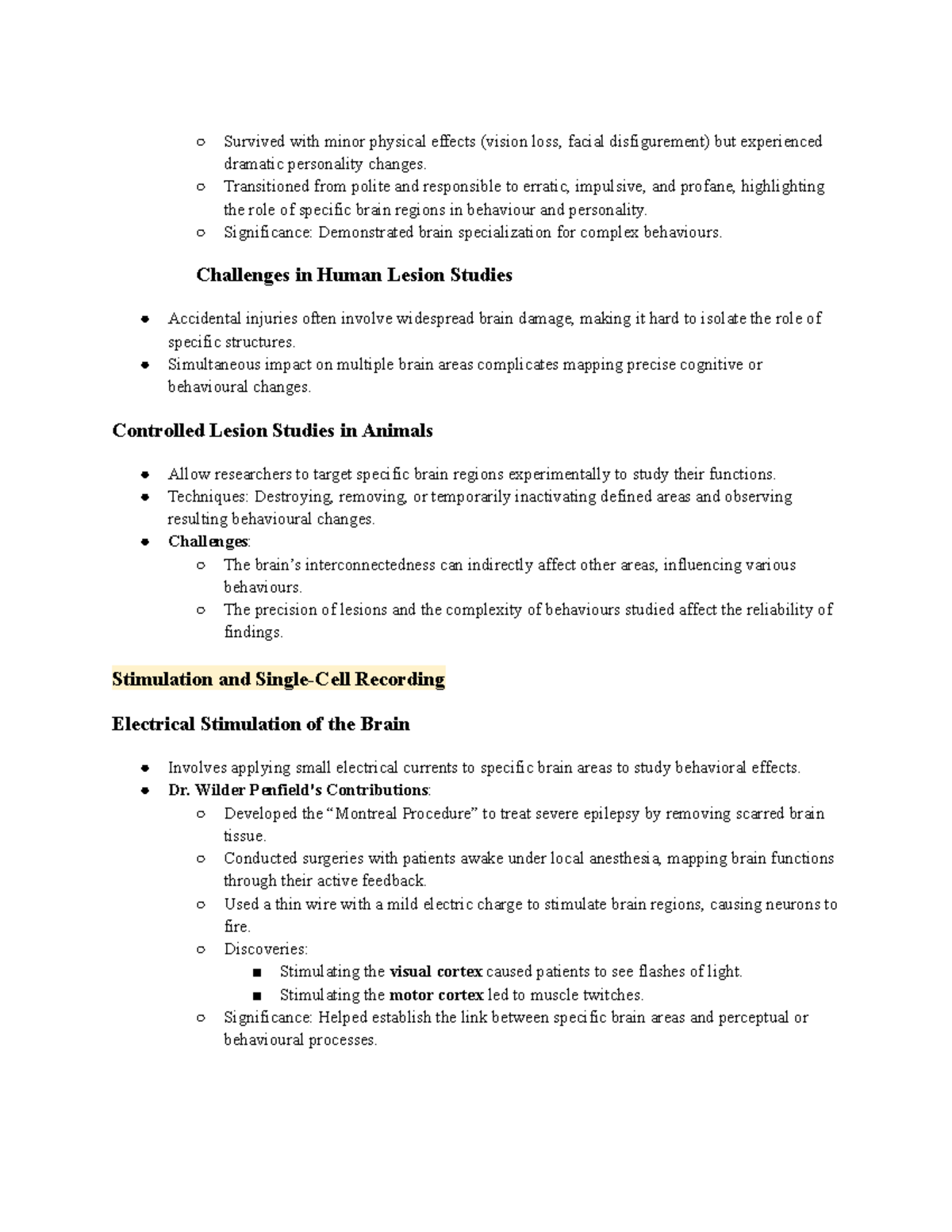 Unit 1: The Structure of the Brain - Lesion Studies & Stimulation ...