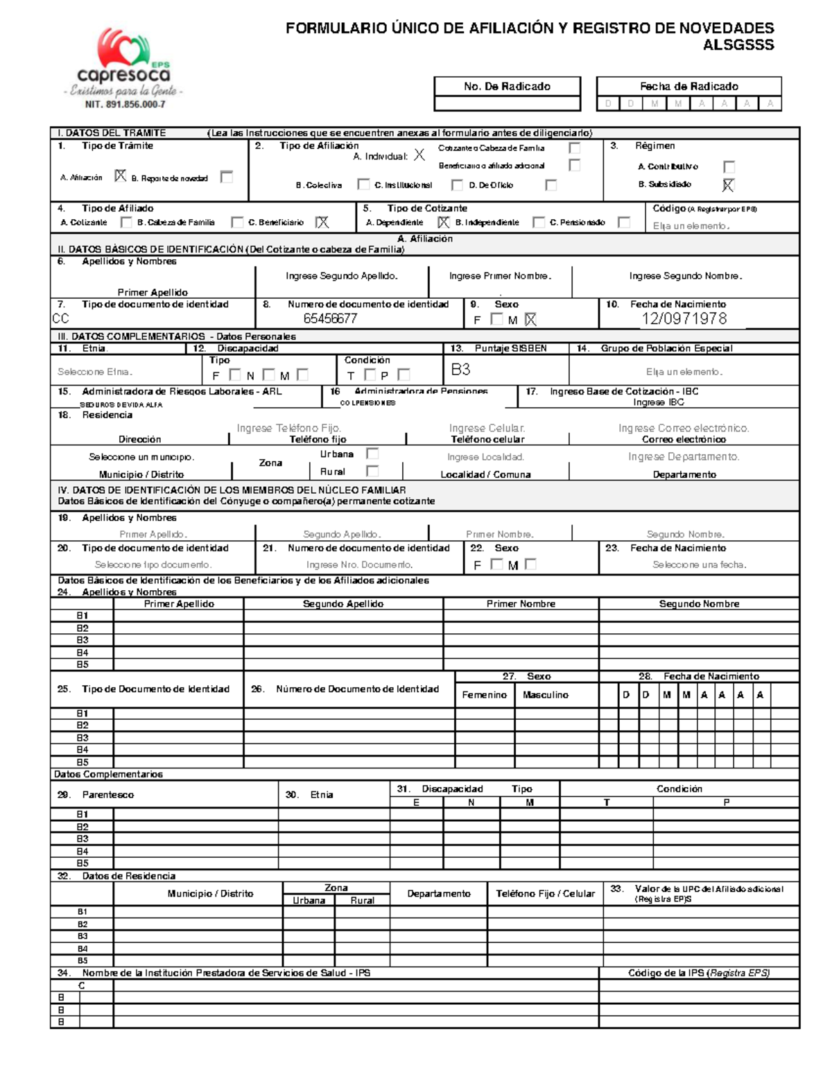 Formulario Único de Afiliación y Registro de Novedades - CAPRESOCA - Studocu