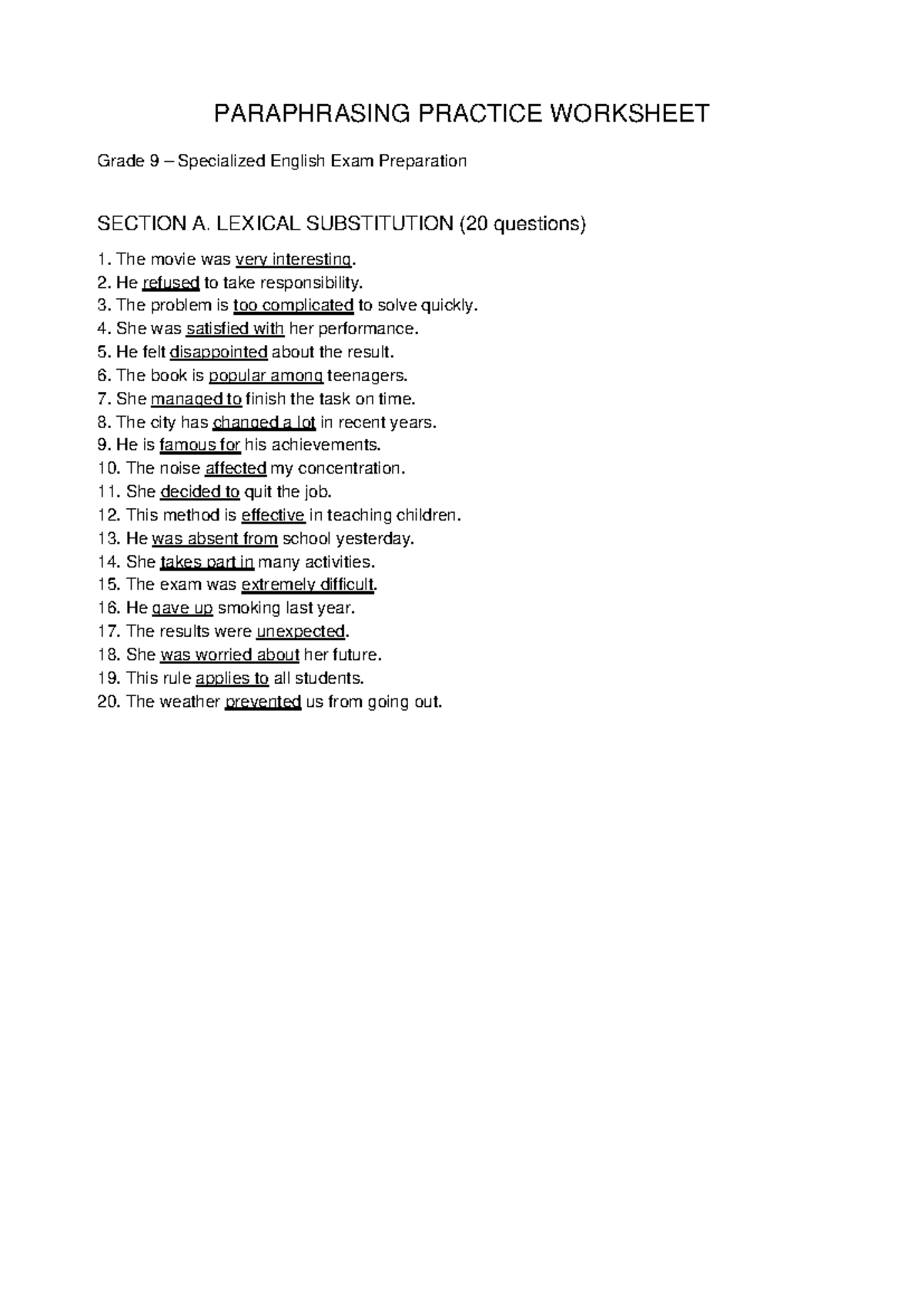 Paraphrasing Practice Worksheet for Grade 9 Specialized English Exam ...