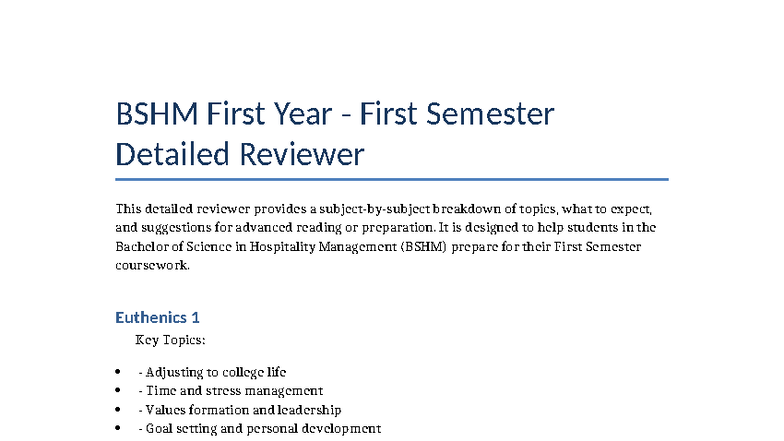 BSHM 1st Sem Comprehensive Reviewer: Key Topics & Study Tips - Studocu