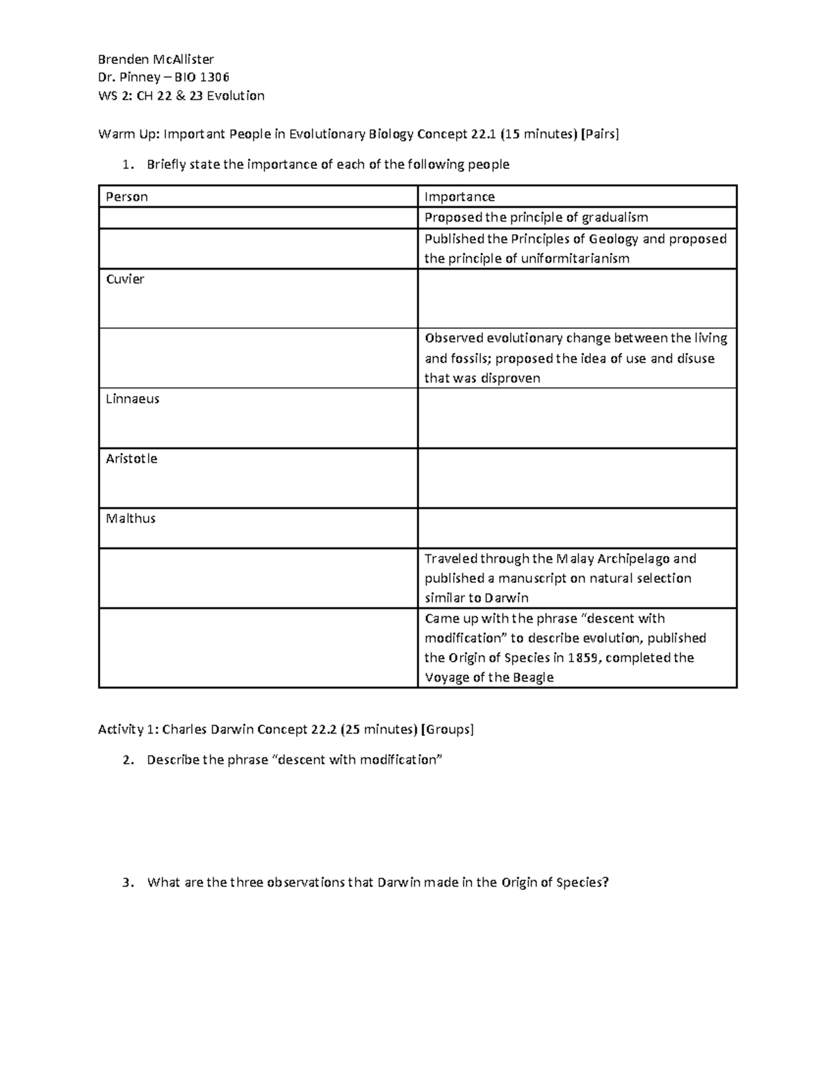 BIO 1306 WS 2: Evolution Concepts 22.1-22.3 & 23 Warm-Up Notes - Studocu