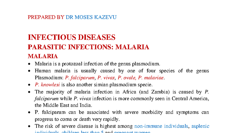 Infectious Diseases: Malaria Overview and Management (ID 101) - Studocu