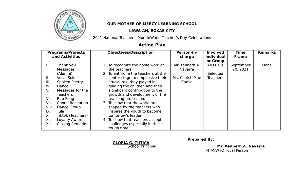 Action Plan for Teacher's Day Celebration 2021 - Studocu