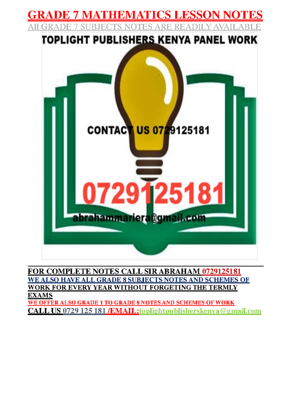 Grade 7 Mathematics Lesson Notes - Comprehensive Study Material - Studocu