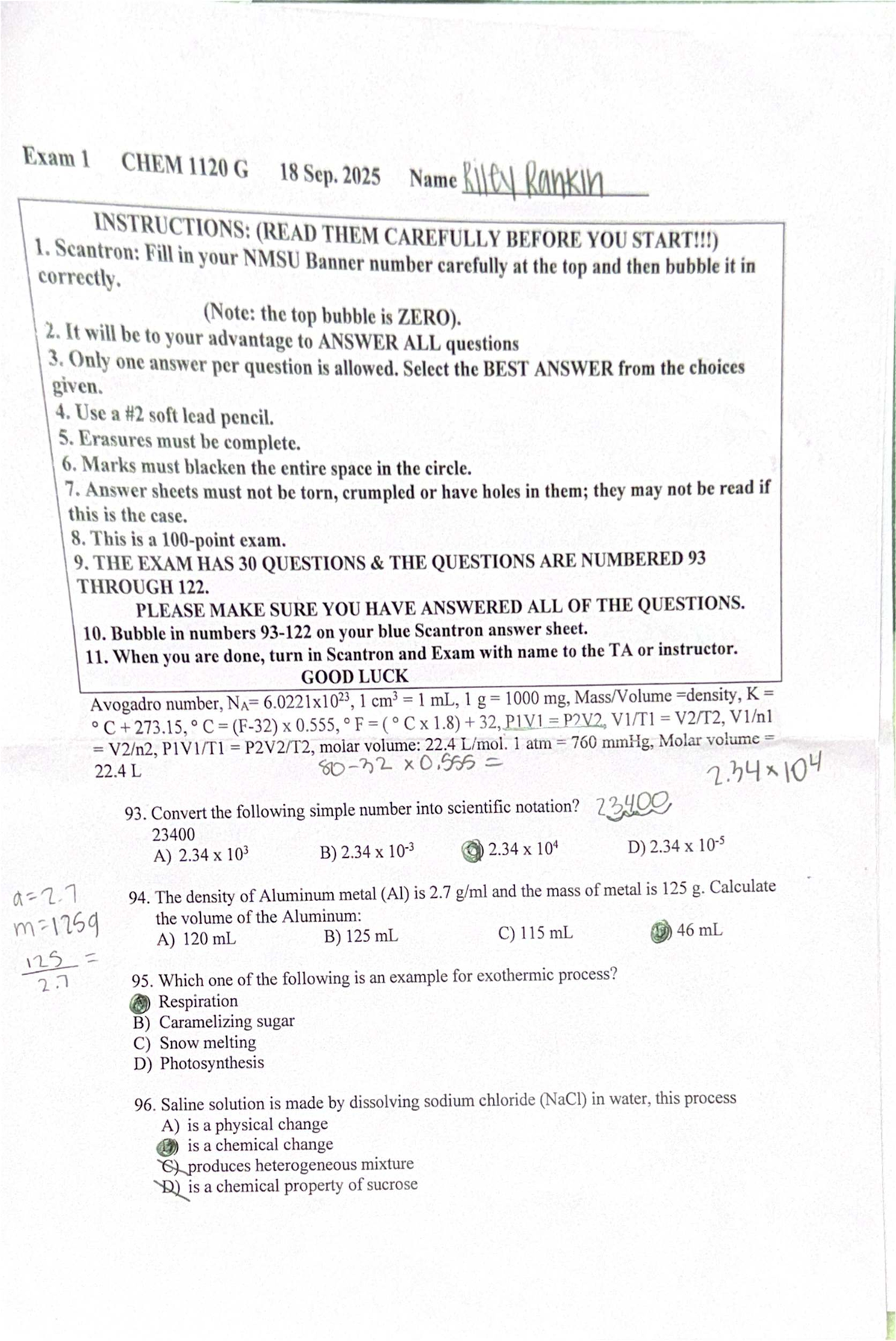 Chemistry Midterm Exam Instructions and Questions - Studocu