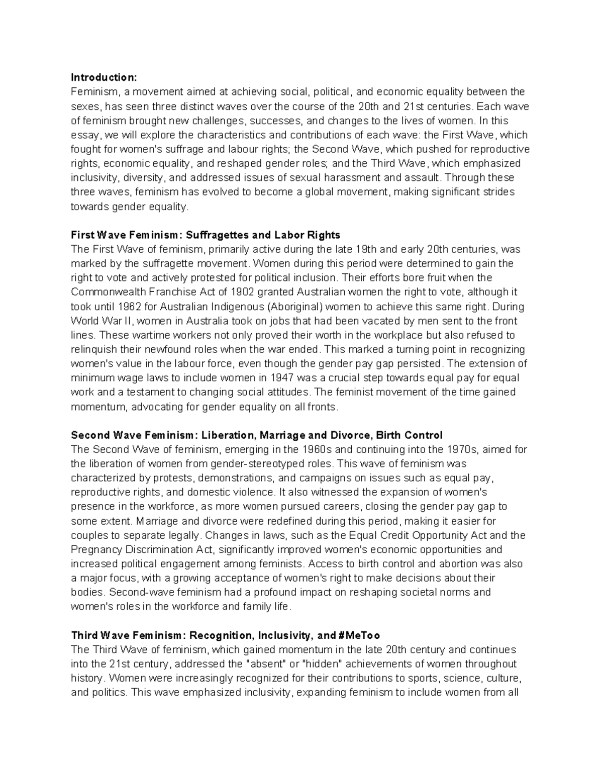 Feminism Essay Example - Introduction: Feminism, a movement aimed at ...