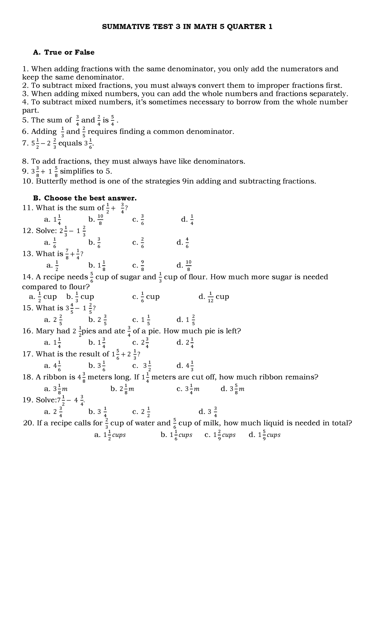 Summative Test 3: Math 5 - Quarter 1 Review Questions - Studocu