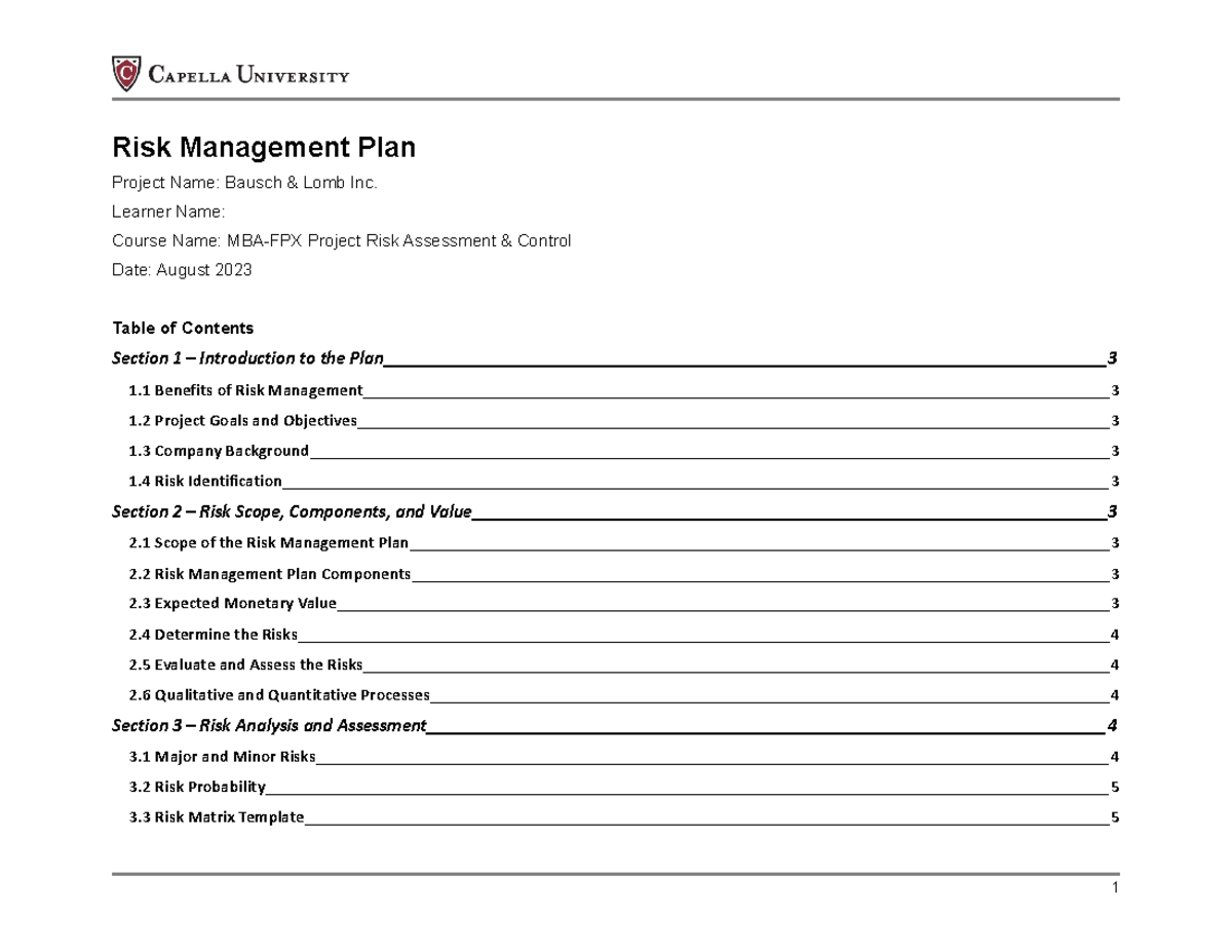 MBA-FPX5334 Risk Management Plan for Bausch & Lomb Inc. Project - Studocu