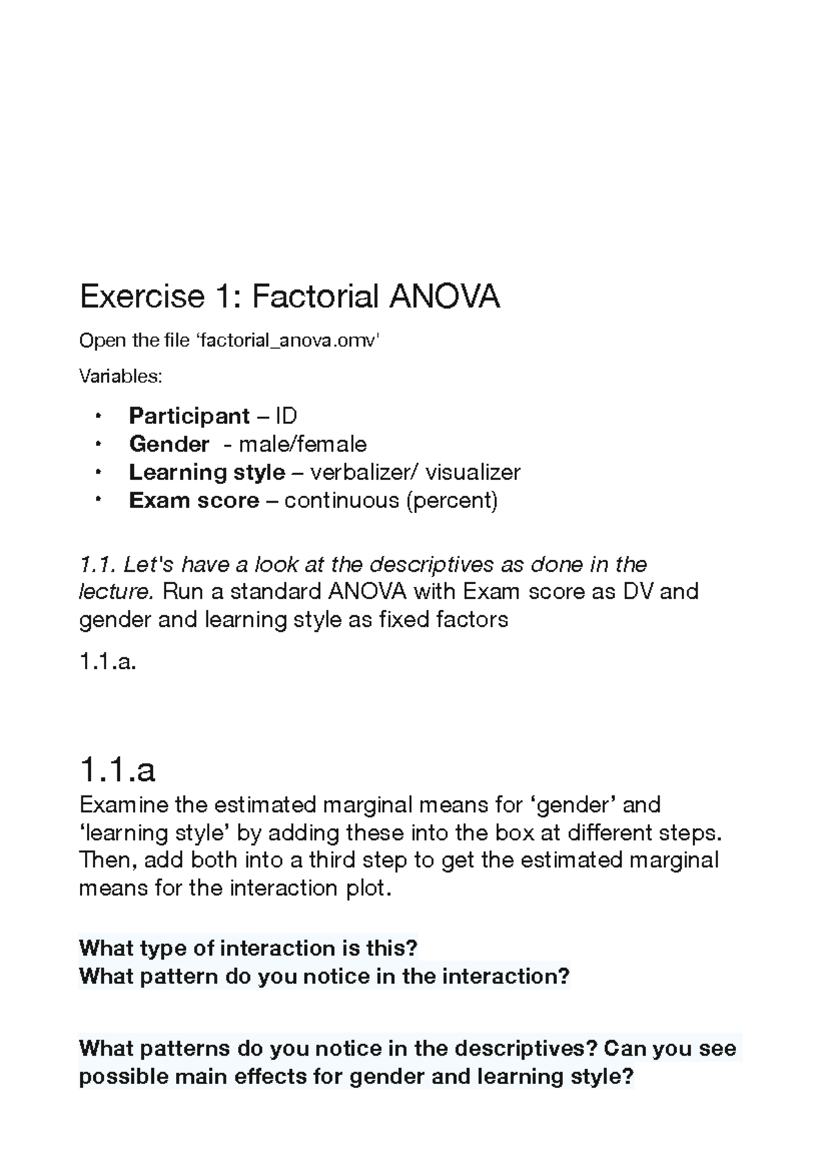 Exercise 1: Factorial ANOVA & Mixed Design ANOVA Notes (Week 8) - Studocu
