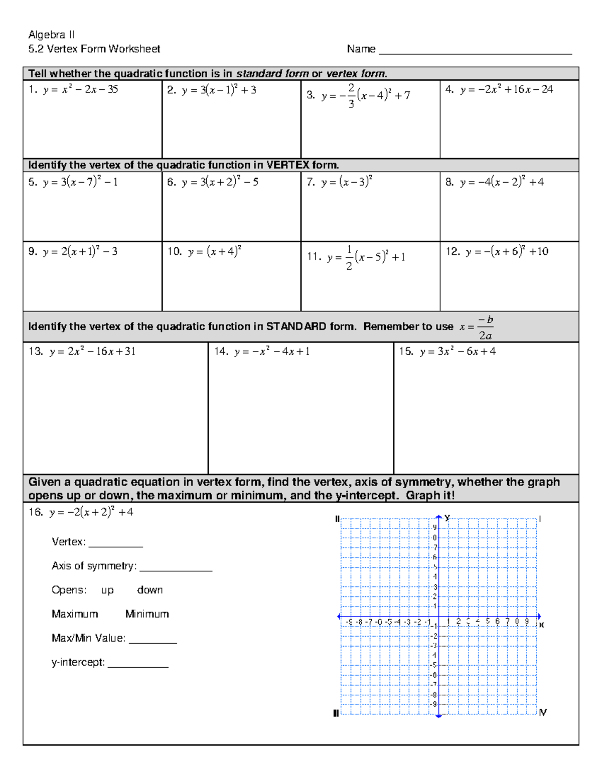 Vertex practice - Algebra II 5 Vertex Form Worksheet Name