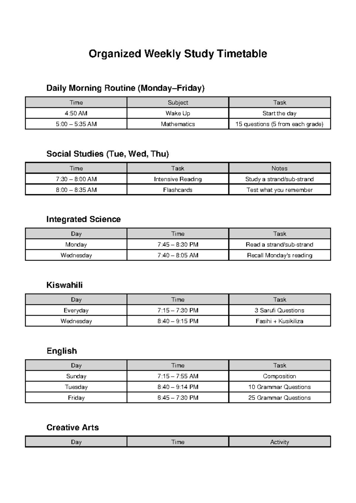 Weekly Study Timetable: Daily Routine & Subject Tasks - Studocu