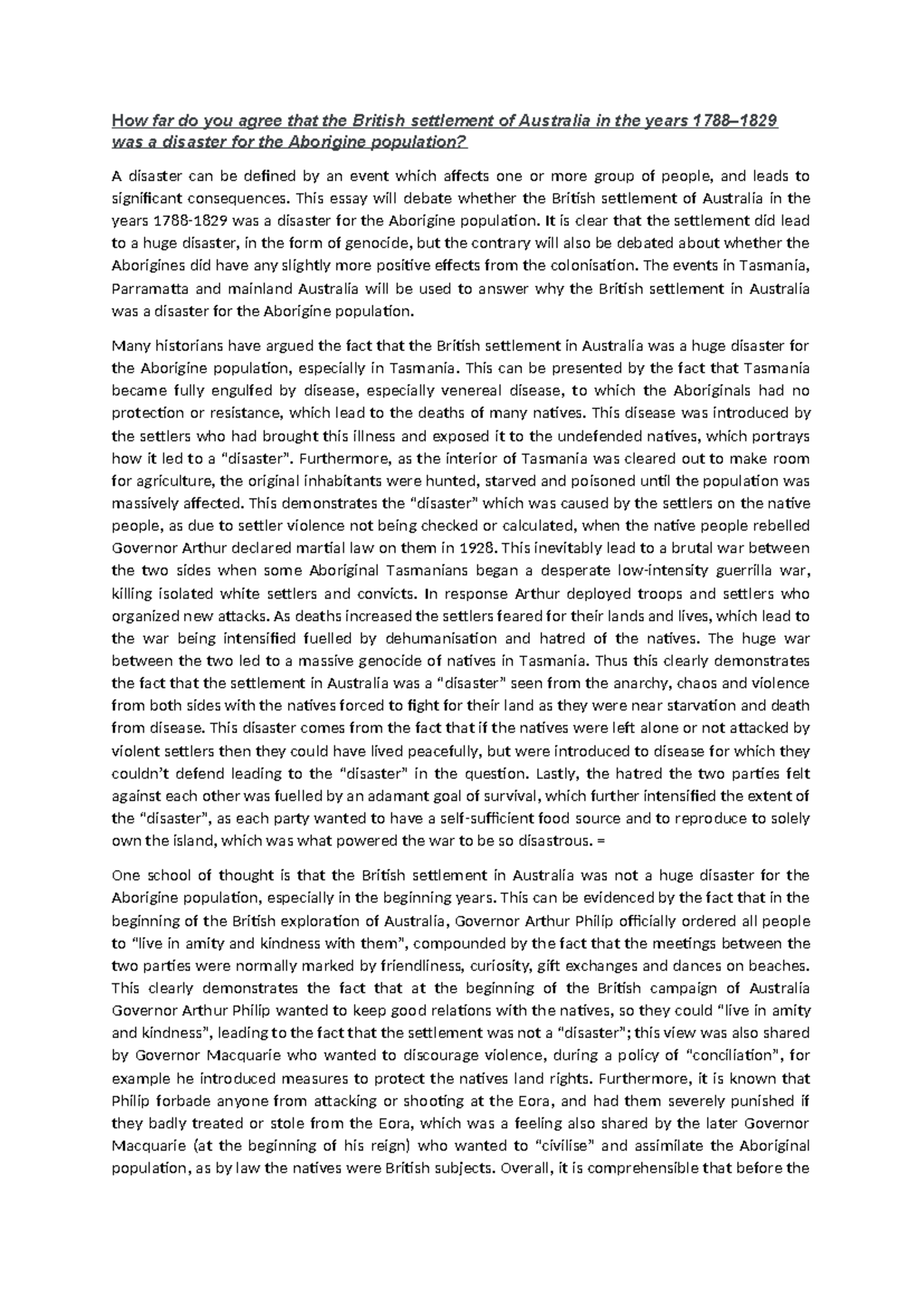 Aboriginal Essay: Was British Settlement a Disaster? (HIST101) - Studocu