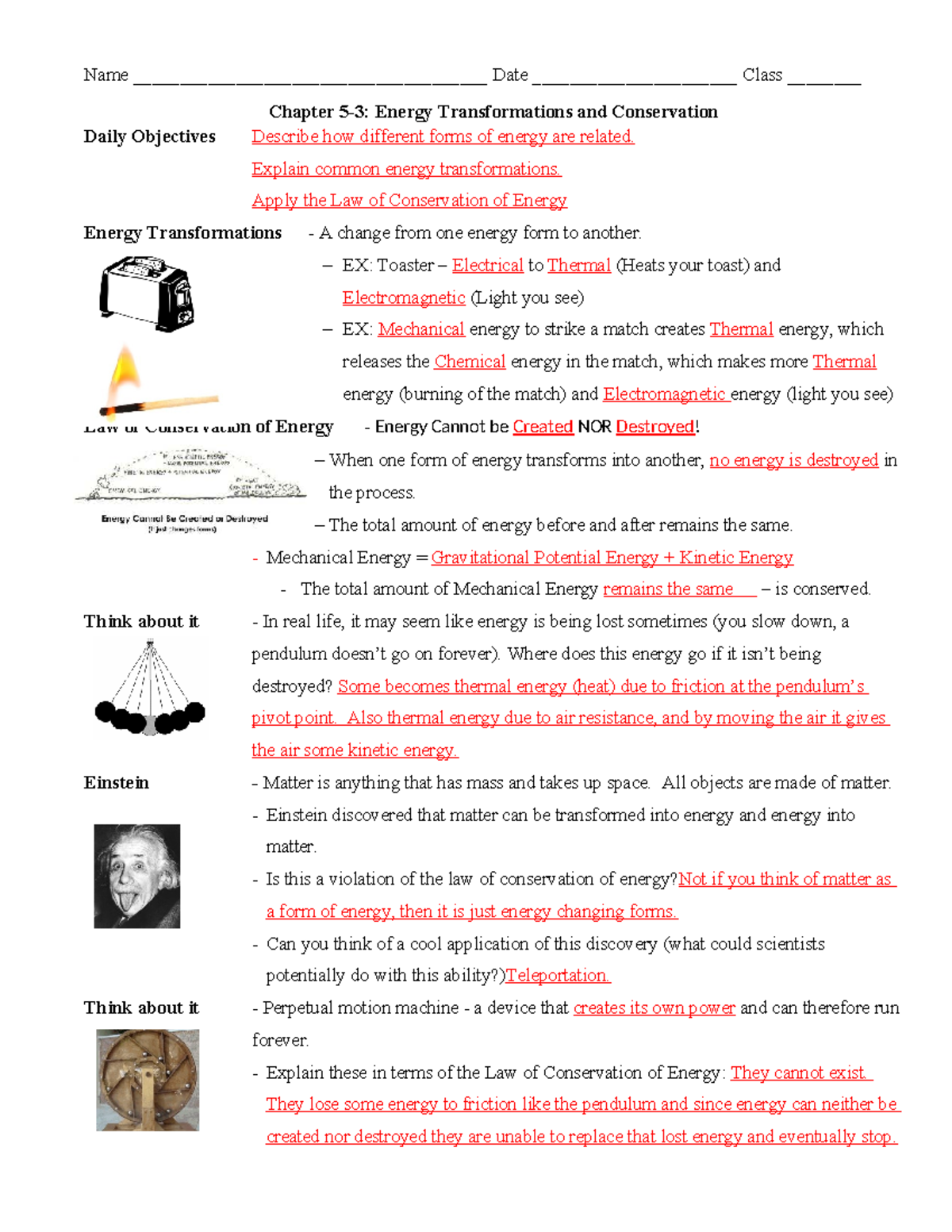 Energy Transformations and Conservation: Guided Notes (Chapter) - Studocu