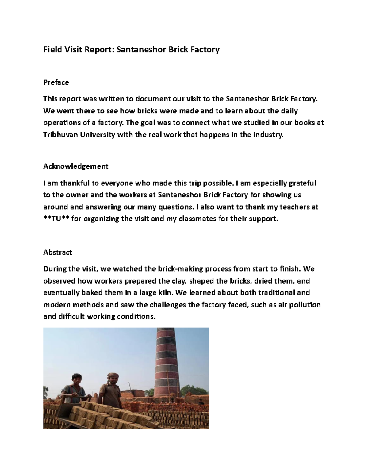 Field Visit Report: Santaneshor Brick Factory (TU) - Studocu