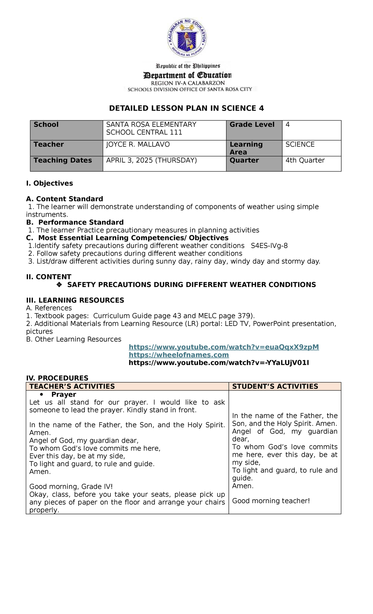 Final detailed lesson plan in science 4 - DETAILED LESSON PLAN IN ...