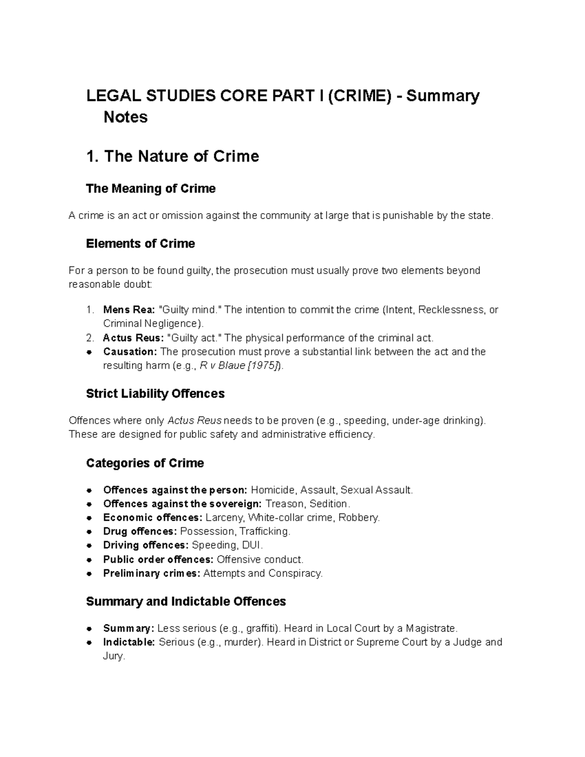 Legal Studies CORE PART I (CRIME) - Comprehensive Summary Notes - Studocu