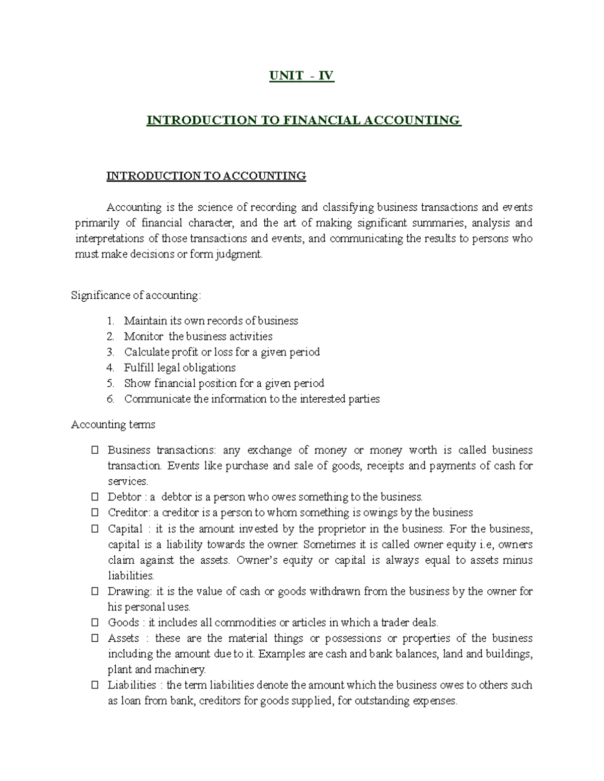 BEFA UNIT4 Notes - UNIT - IV INTRODUCTION TO FINANCIAL ACCOUNTING ...
