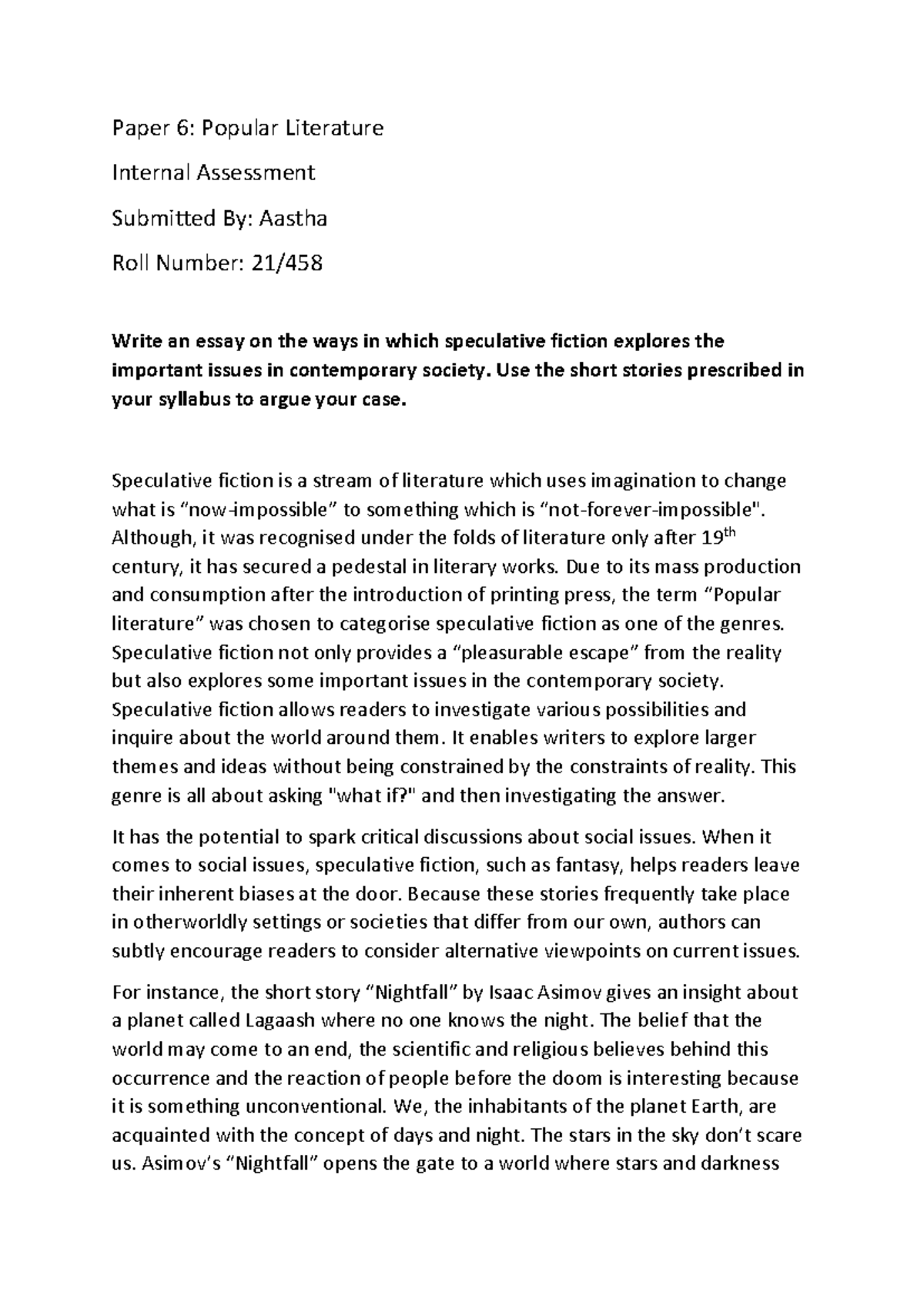 Popular Literature IA: Exploring Society Through Speculative Fiction ...
