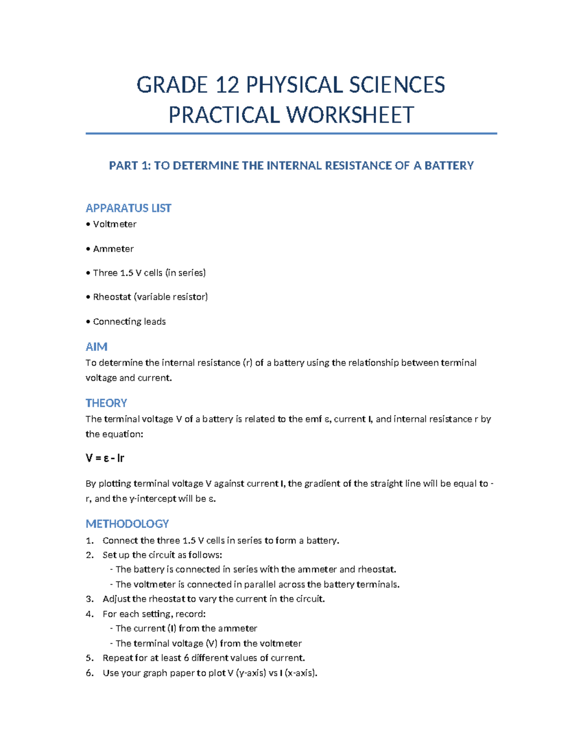 GRADE 12 PHYSICAL SCIENCES PRACTICAL WORKSHEET: INTERNAL RESISTANCE ...