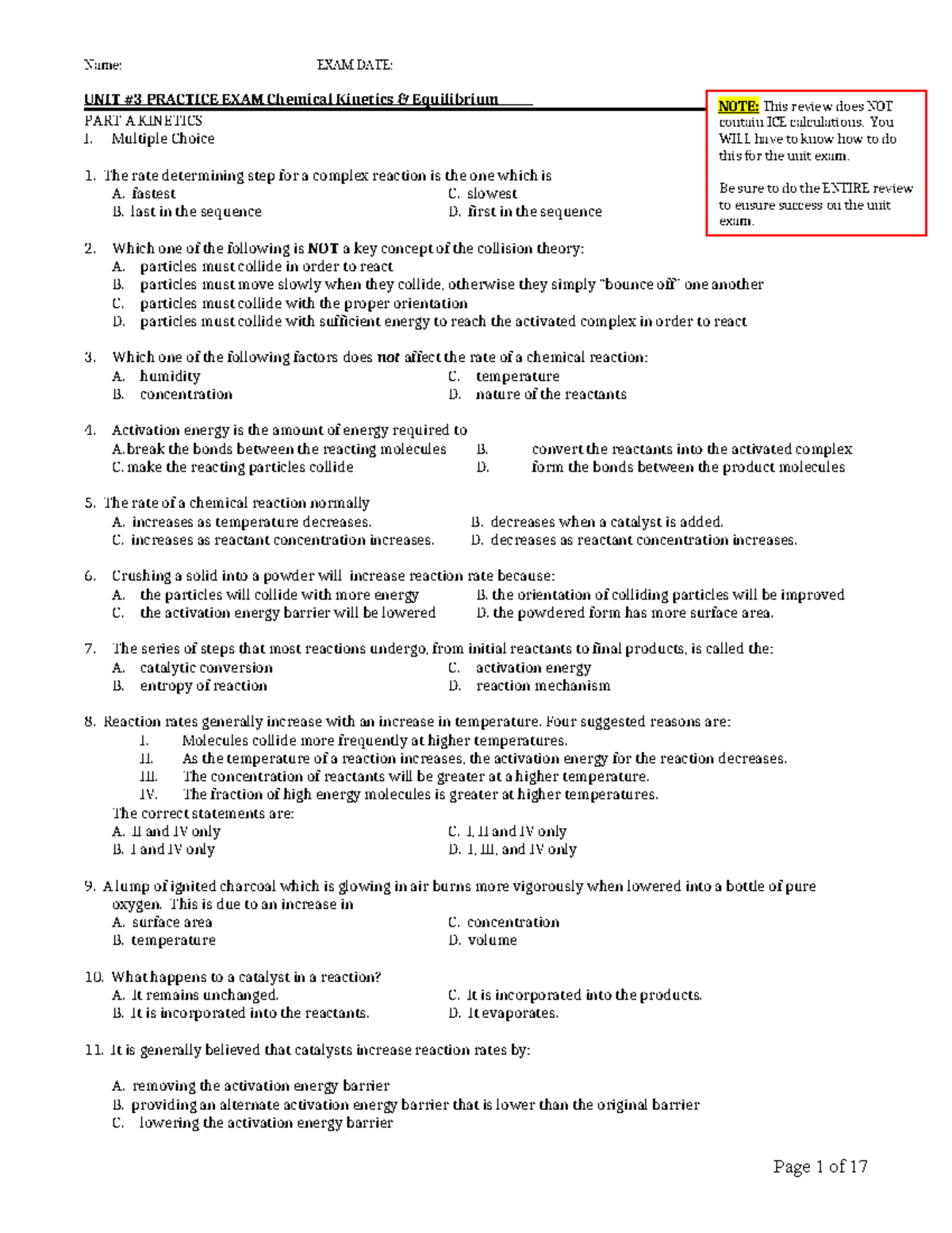 Unit #3 Exam Review - Kinetics & Equilibrium with KEY - Studocu
