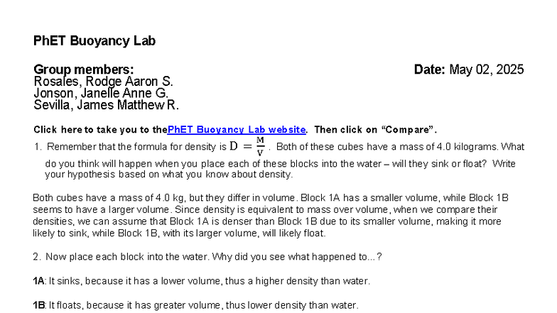 Activity 2: PhET Buoyancy Lab Analysis (Group: Jonson, Rosales, Sevilla ...