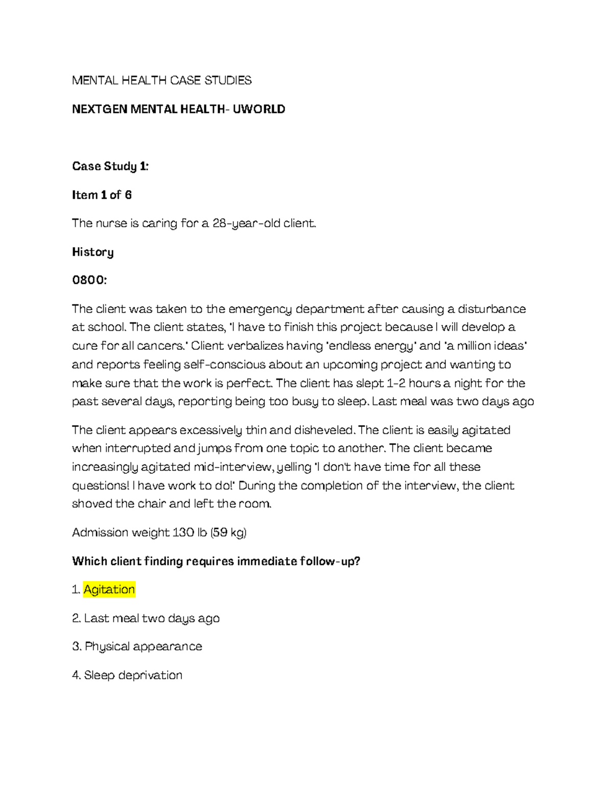 NextGen Mental Health Case Studies - UWORLD Insights - Studocu