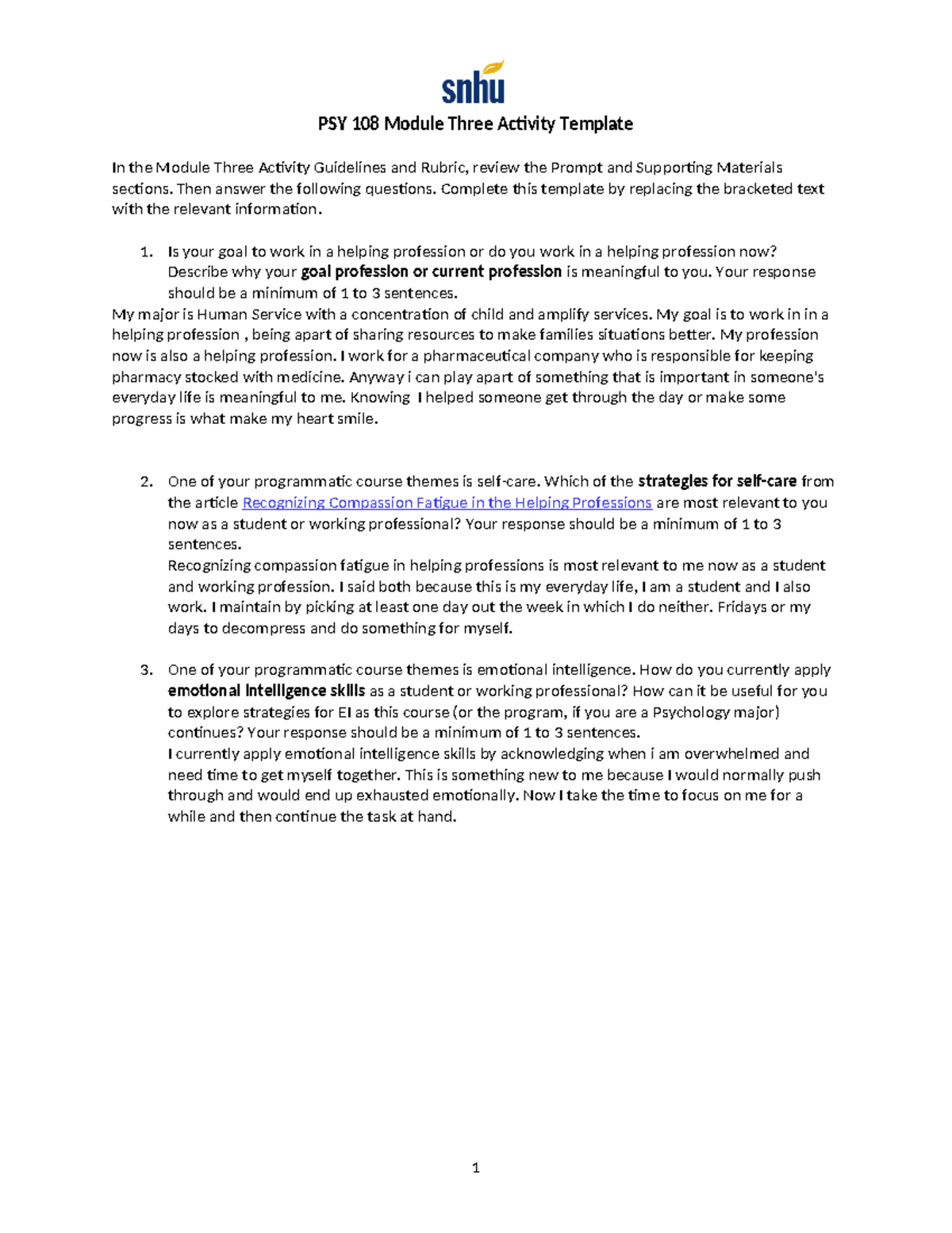 PSY 108 Module Three Activity: Self-Care and Emotional Intelligence ...