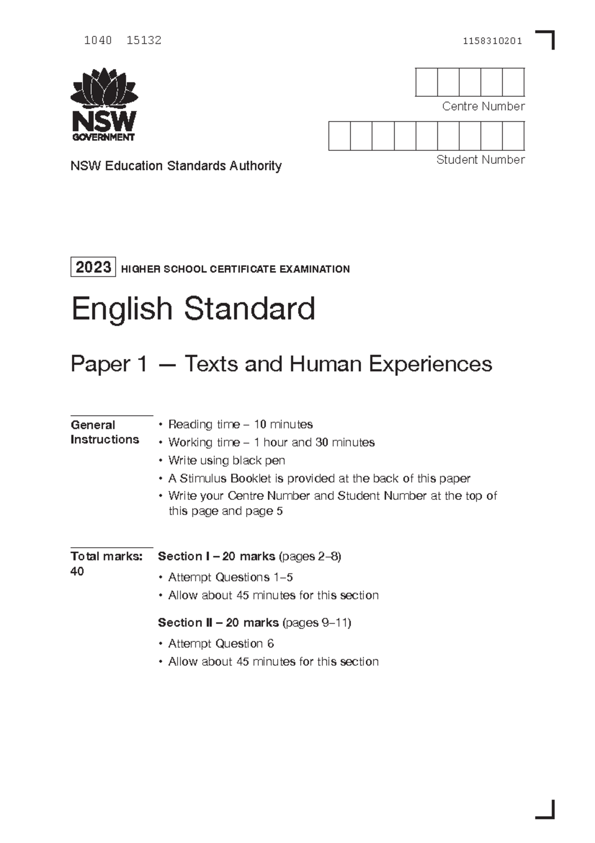 2023 HSC English Standard Paper 1: Texts & Human Experiences - Studocu