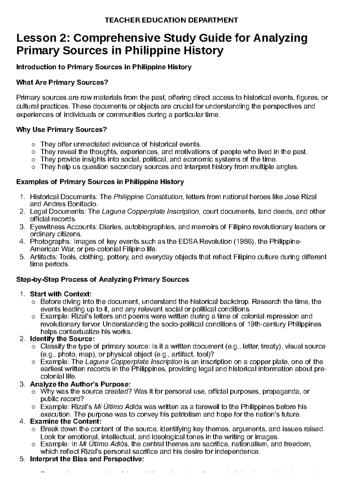 TED 20250827 Lesson 2: Analyzing Primary Sources in PH History - Studocu