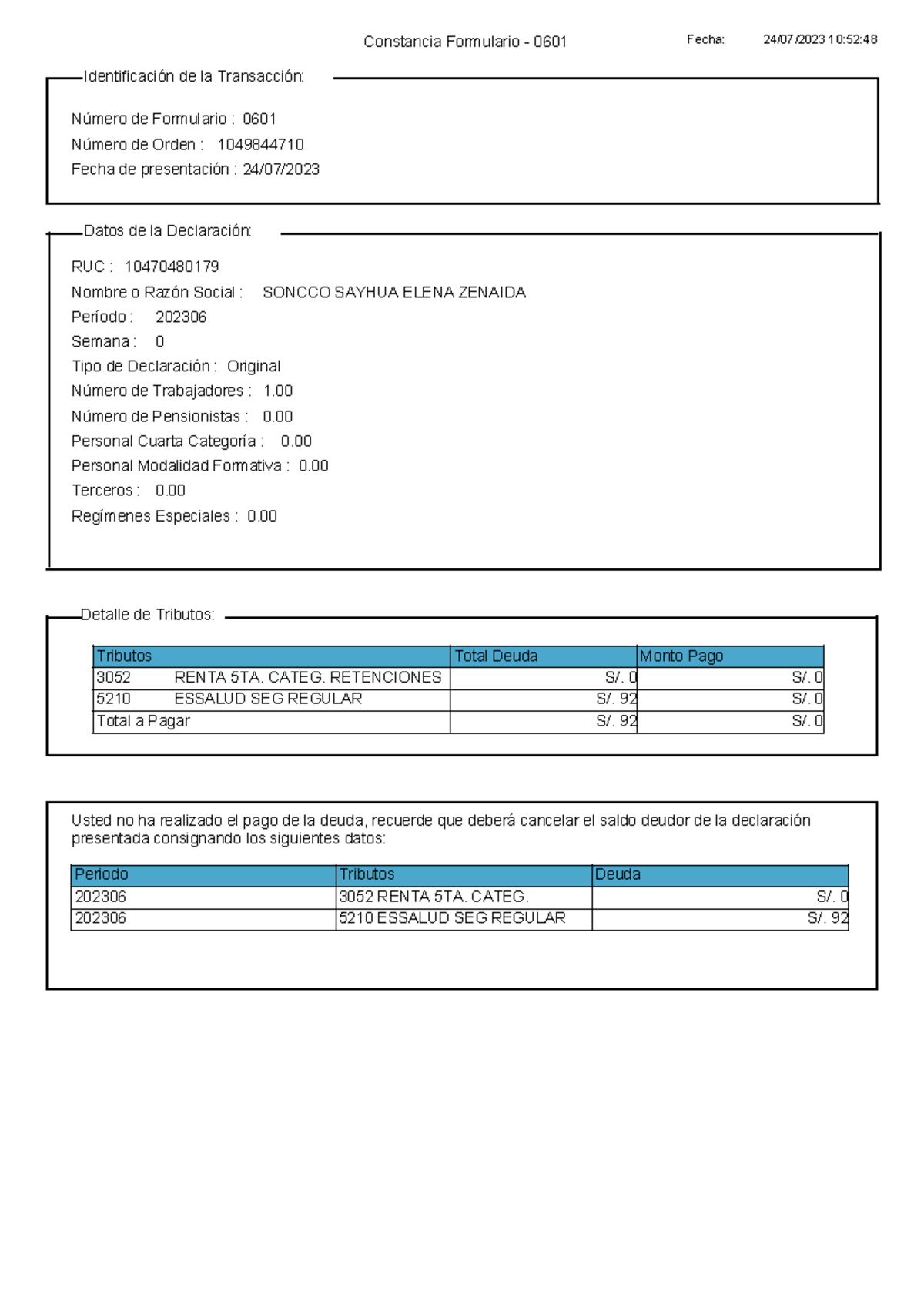 Constancia Declaracion Jurada (23) - Constancia Formulario - 0601 Fecha ...