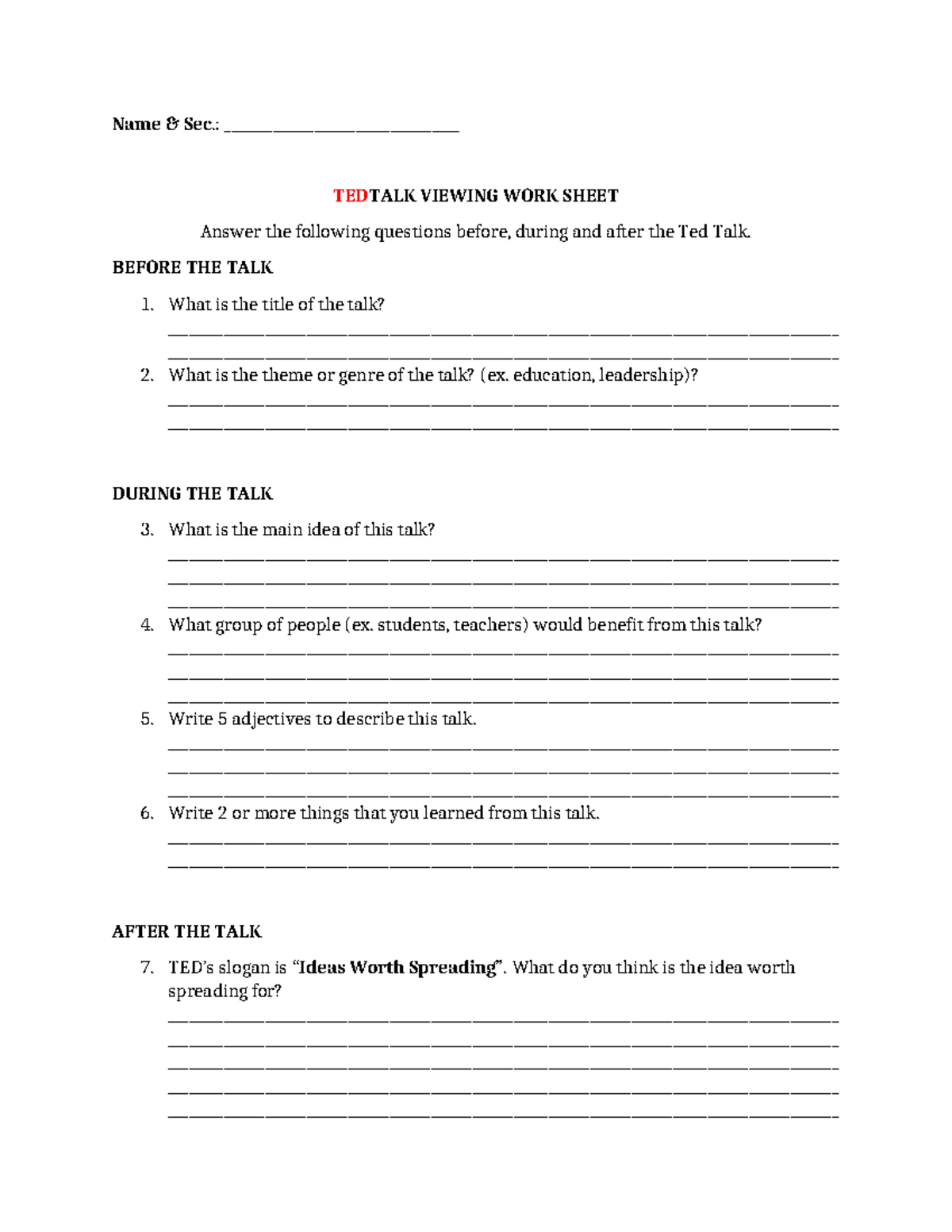 TED Talk Viewing Worksheet - TEDTALK-101 - Studocu
