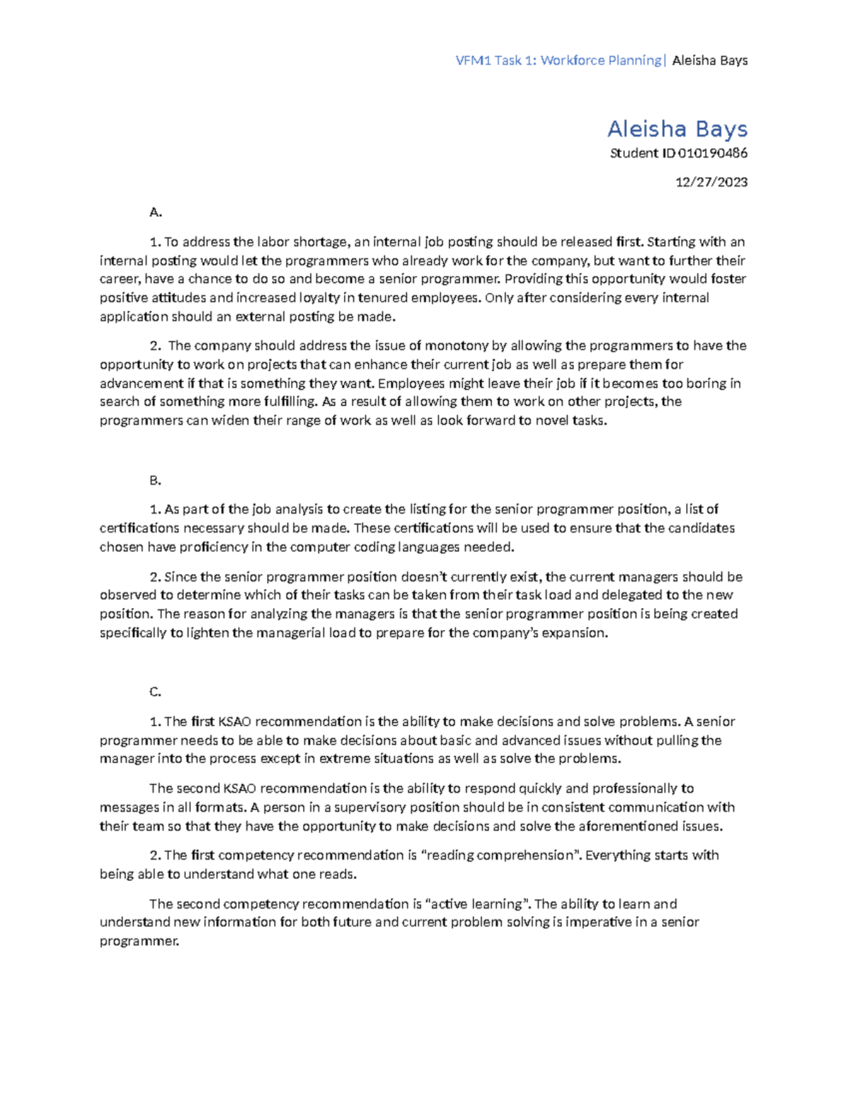 VFM1 Task 1: Strategies for Effective Workforce Planning - Studocu