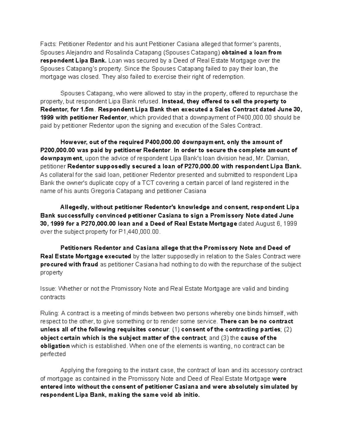 Catapang v. Lipa Bank - Summary of Obligation & Contracts Law Insights ...