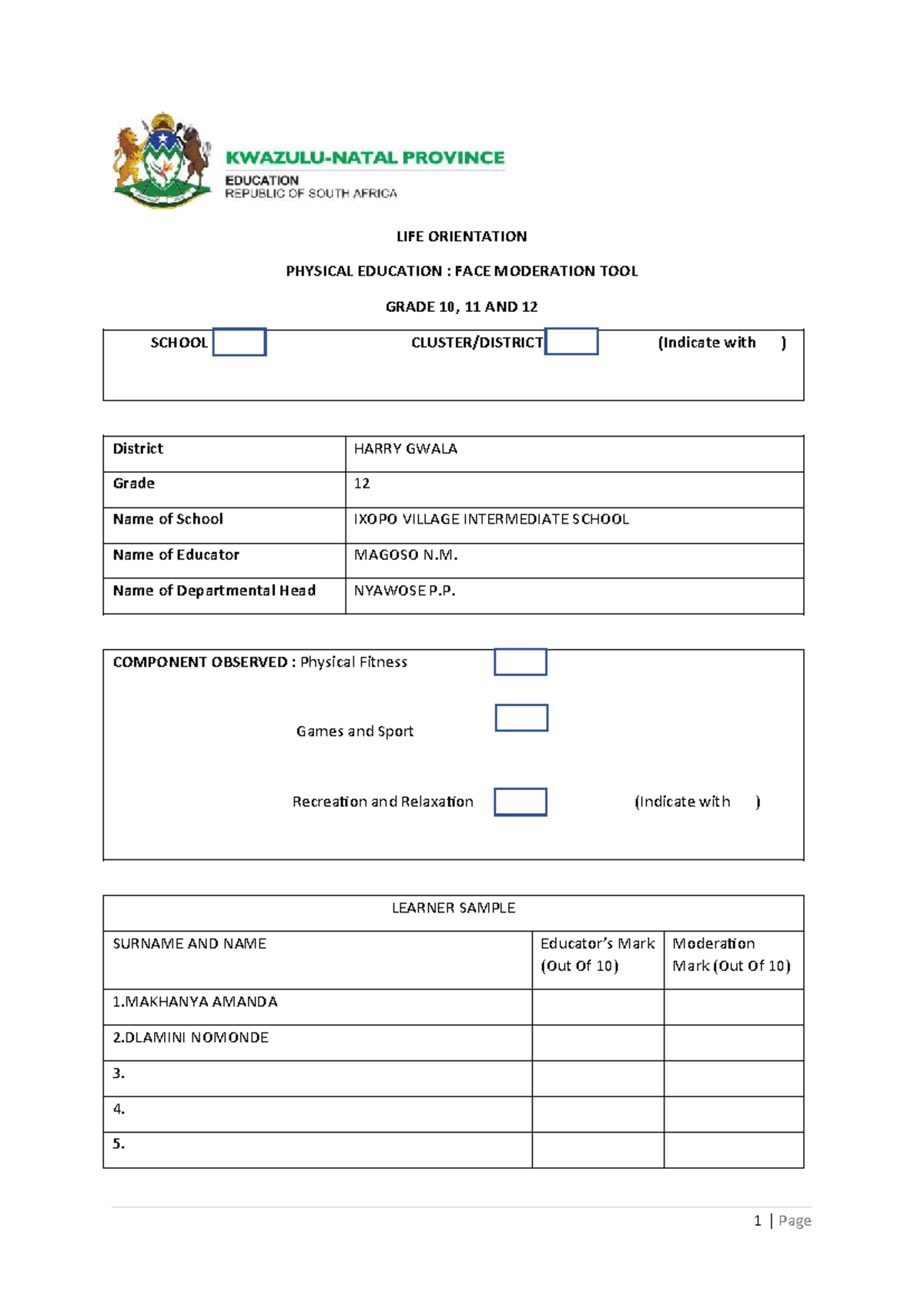 LIFE ORIENTATION PE Face Moderation Tool for Grades 10-12 (2026) - Studocu