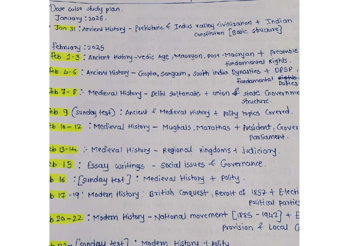 Upsc strategy - notes - Date wise study plan. January 2025. Jan 31 ...