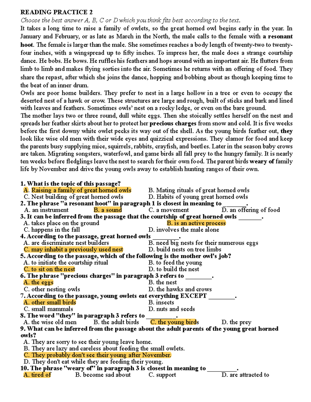 Reading Practice 2 - Great Horned Owl Family Dynamics (B1) - Studocu