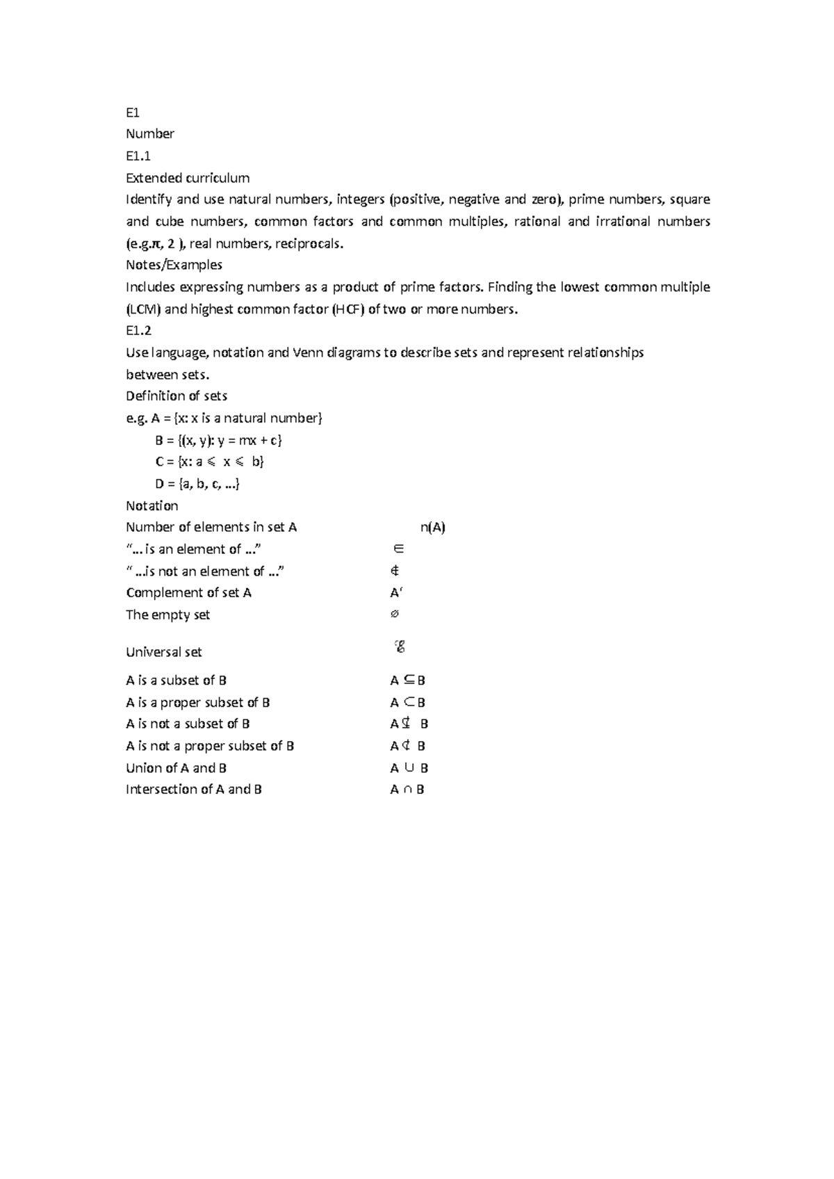 E1 Extended Curriculum: Natural Numbers, Sets, and Financial ...