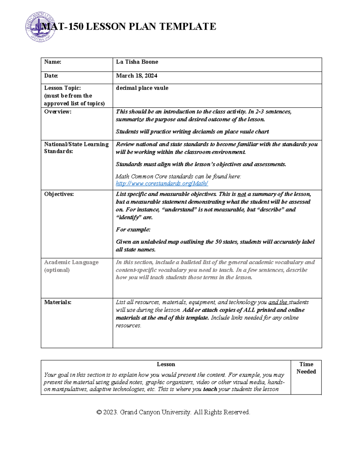 MAT-150 Lesson Plan: Decimal Place Value Overview and Objectives - Studocu